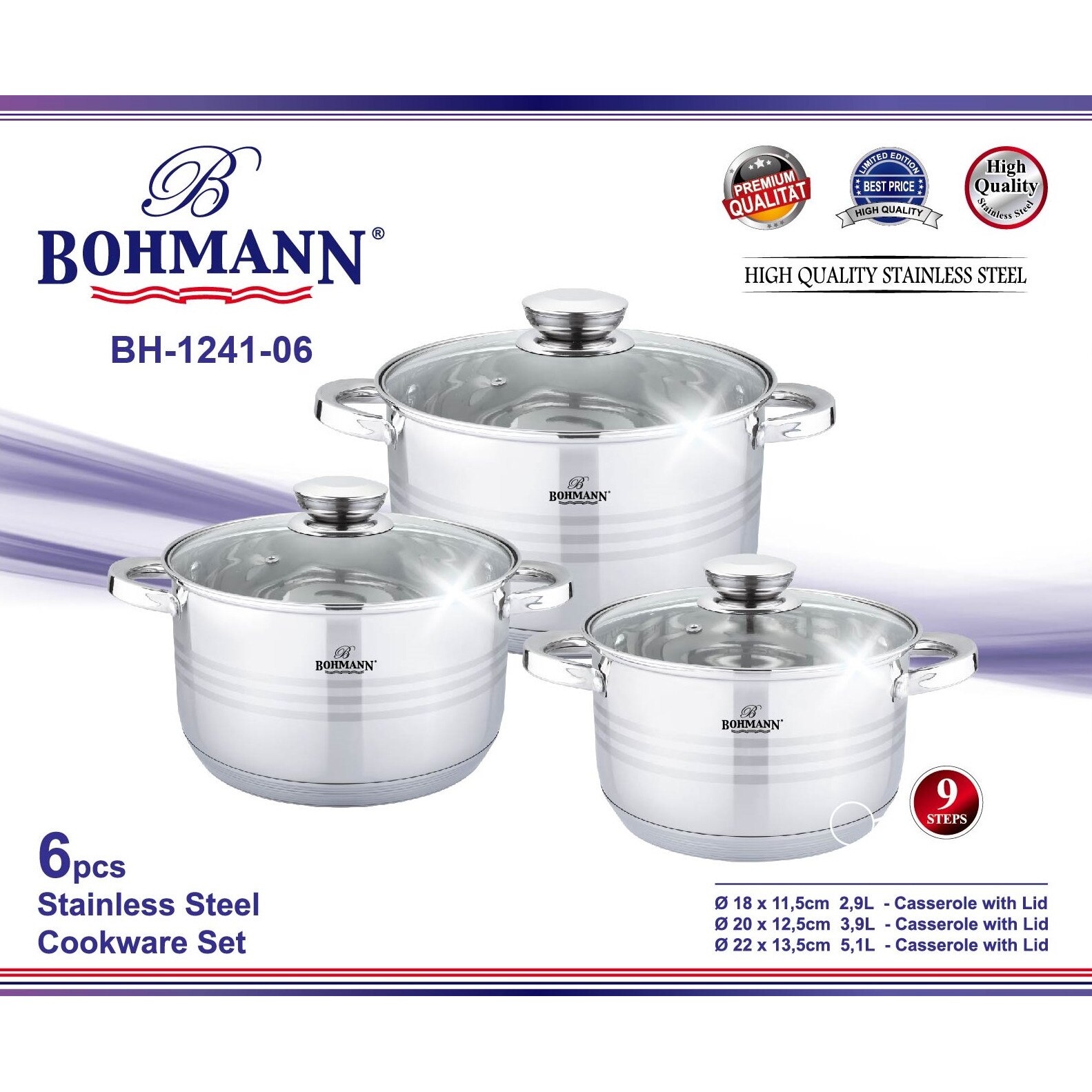 Bohmann indukciós edénykészlet üveg fedőkkel, 6 részes (2.9L, 3.9L, 5 ...