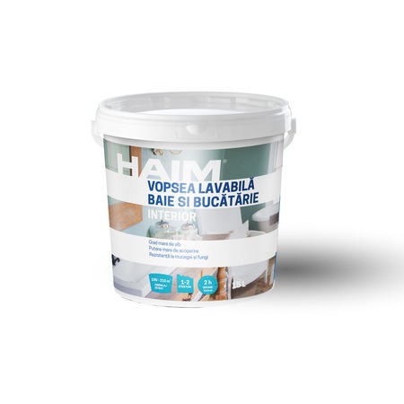 Vopsea lavabila de interior Haim, baie si bucatarie, rezistenta la mucegai si fungi, Alba, 15 L ...