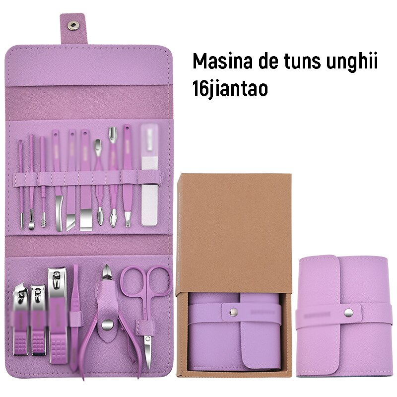 Trusa Manichiura Pedichiura, Set de 16 piese, Cu pila din sticla, foarfeca, unghiera, cleste ...