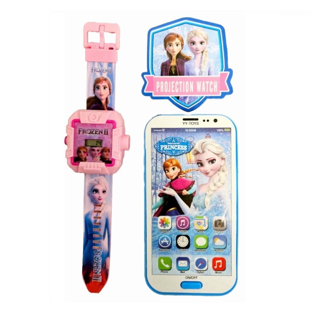 Set ceas digital Frozen cu proiector si telefon de jucarie, Plastic ...