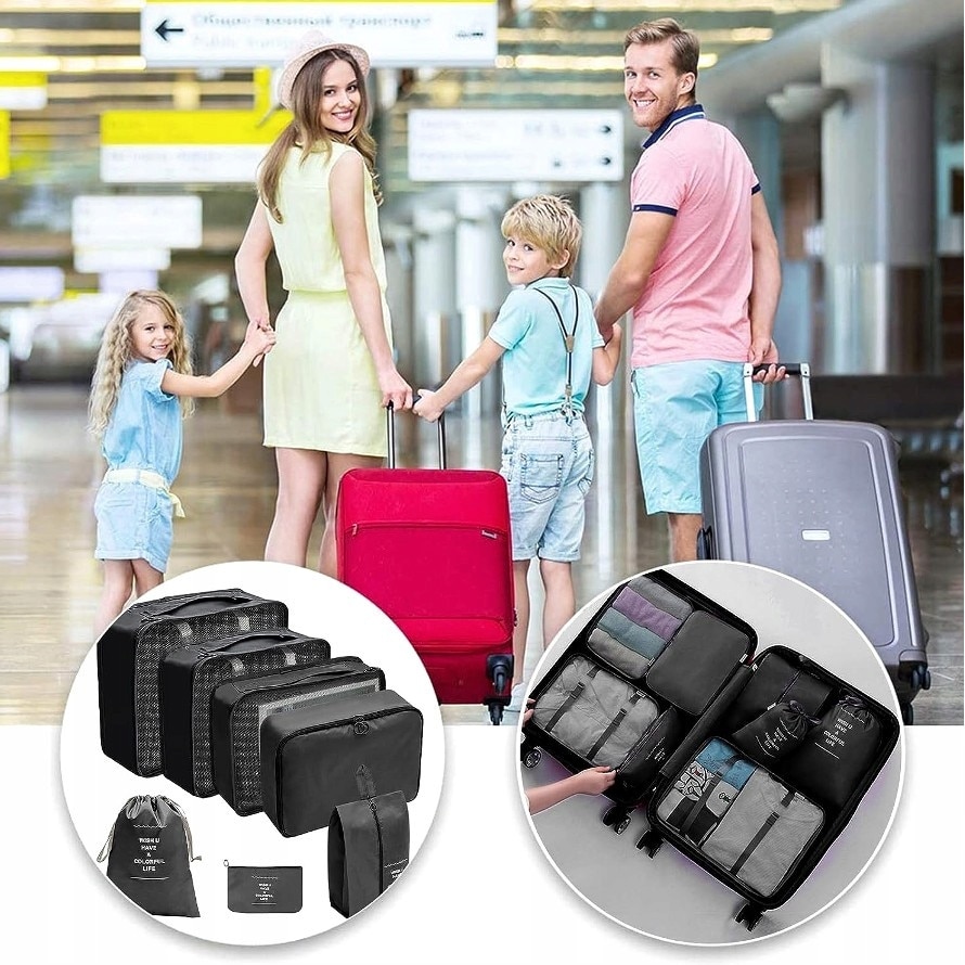 Set de 7 huse pentru organizare bagaj, material impermeabil, dimensiuni ...