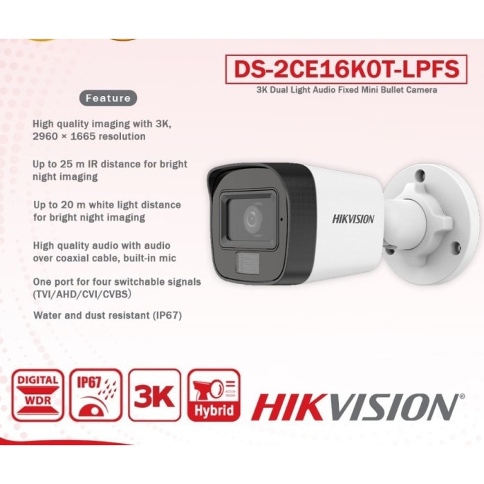 Камера за наблюдение Hikvision Mini Bullet DS-2CE16K0T-LPFS(2.8mm) 5MP Smart Hybrid Light Audio ...