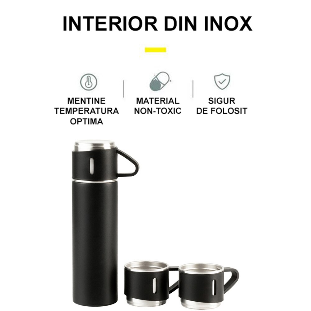 Set Sticla Termos SIKS cu interior din Inox Cu 2 Cani Extra, Cu Perete ...