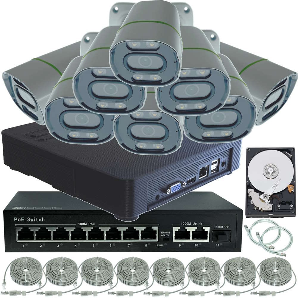 Kit Supraveghere OOGIS™ P4MF8ECD-20 IP PoE cu 8 Camere 4MP (2K ...