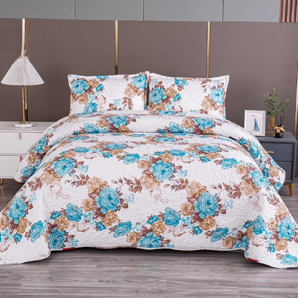 Cuvertura de pat cu 2 fete, 100% PES, 3 piese, pat 2 persoane, alb / bej, 230x250 cm - eMAG.ro