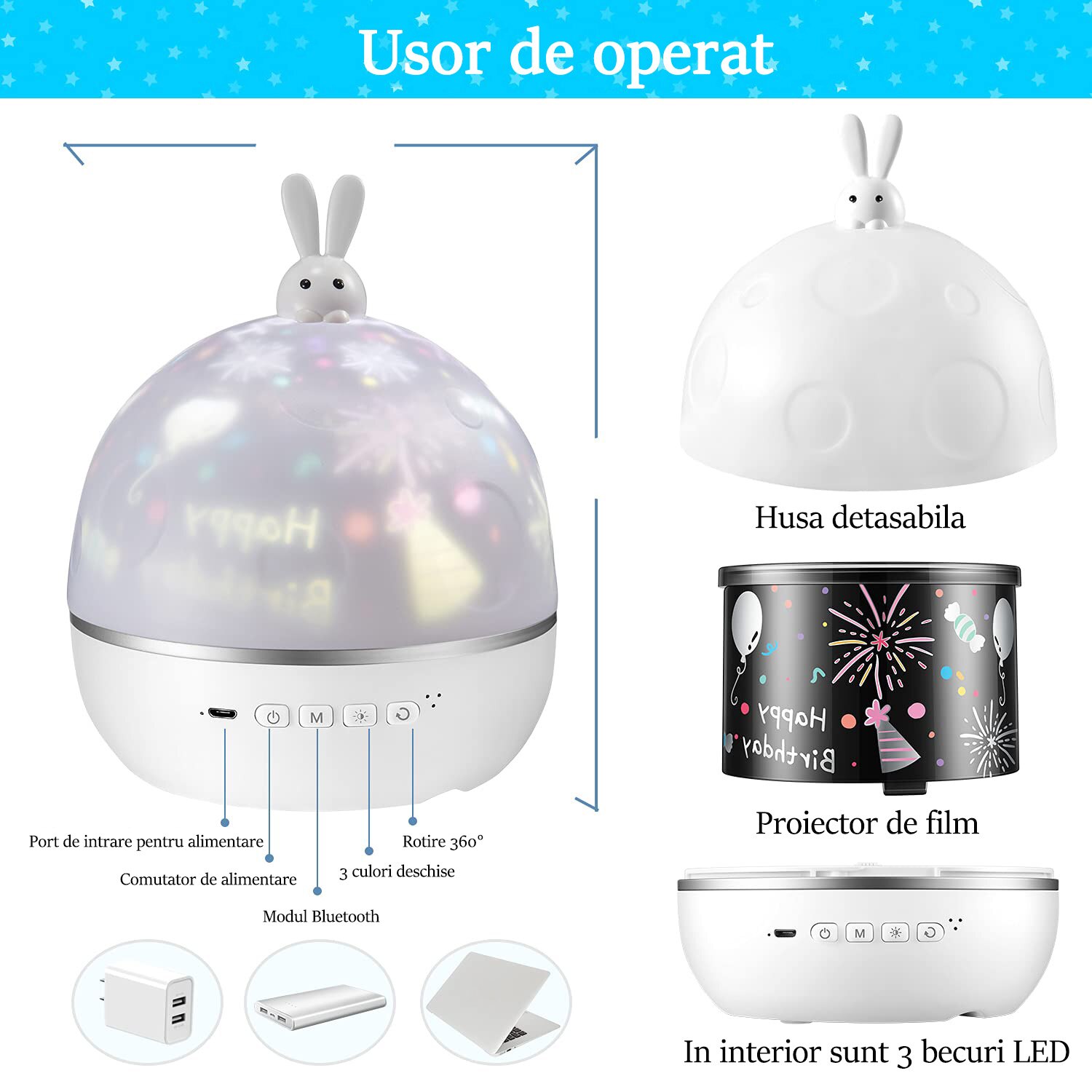 Lampa de veghe muzicala cu proiector pentru copii cu bluetooth rotativa ...