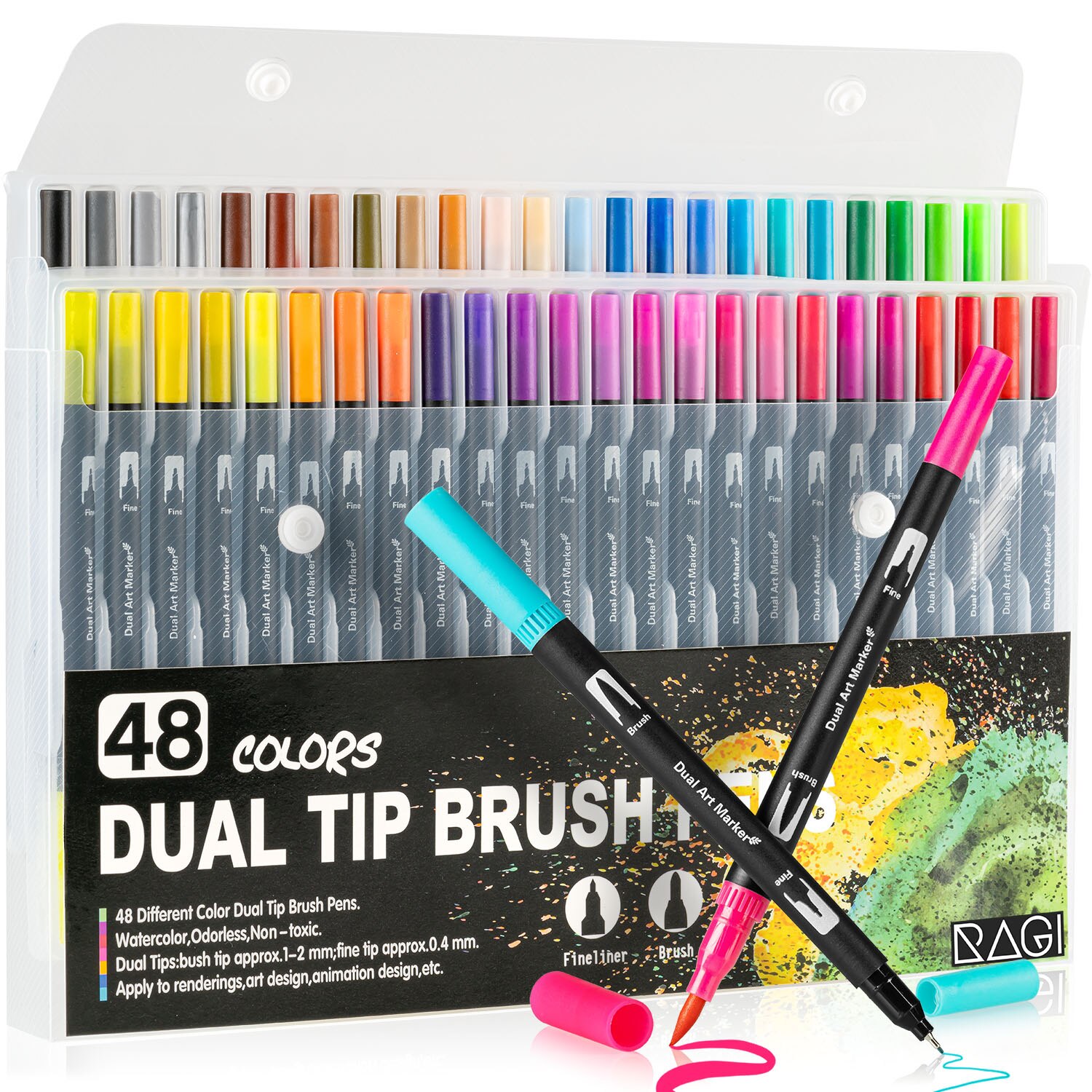 Set de 48 de carioci acuarela brush pen, RAGI, capete duble, cerneala ...