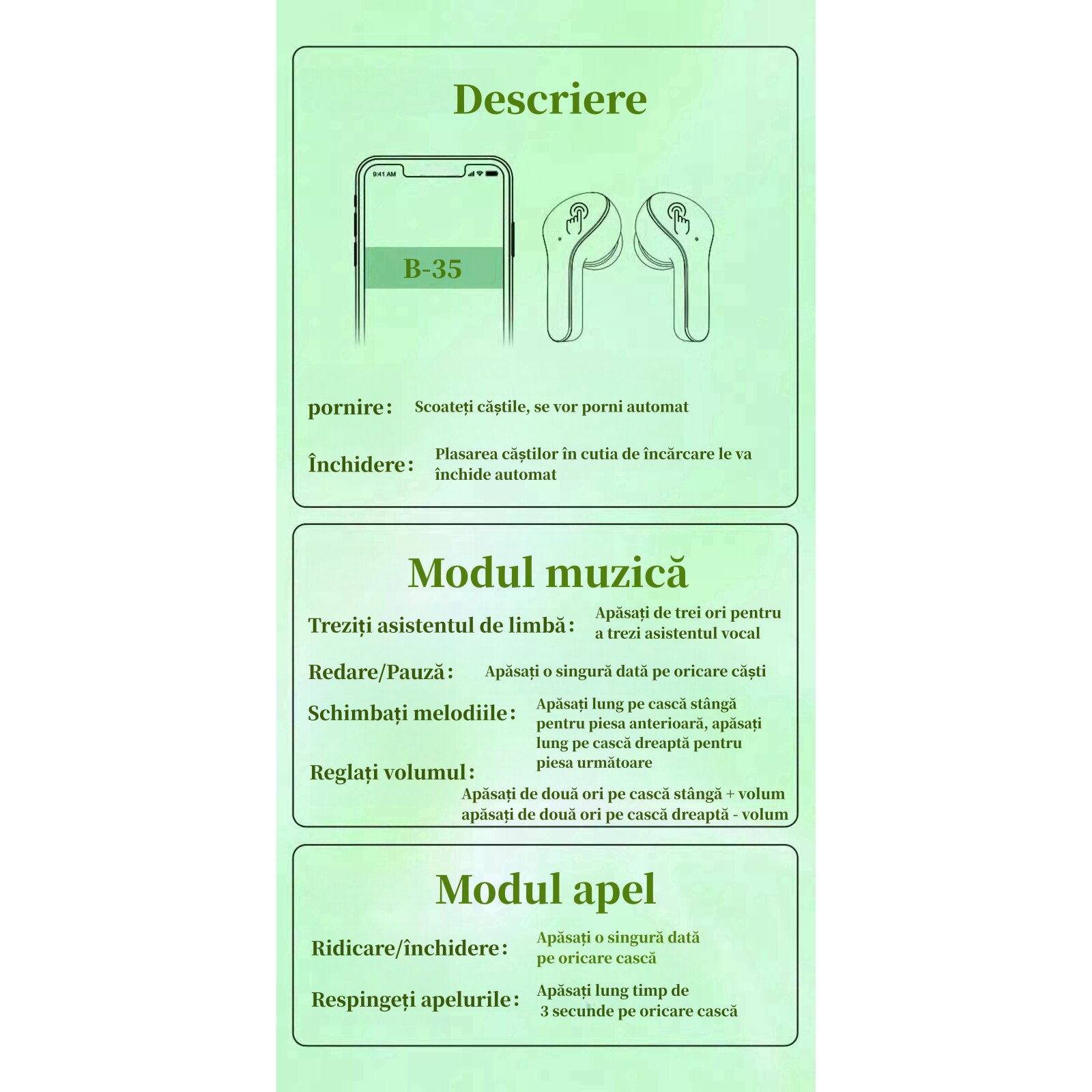 Casti wireless, Bluetooth, Type-C, 200mAh, Verde - eMAG.ro