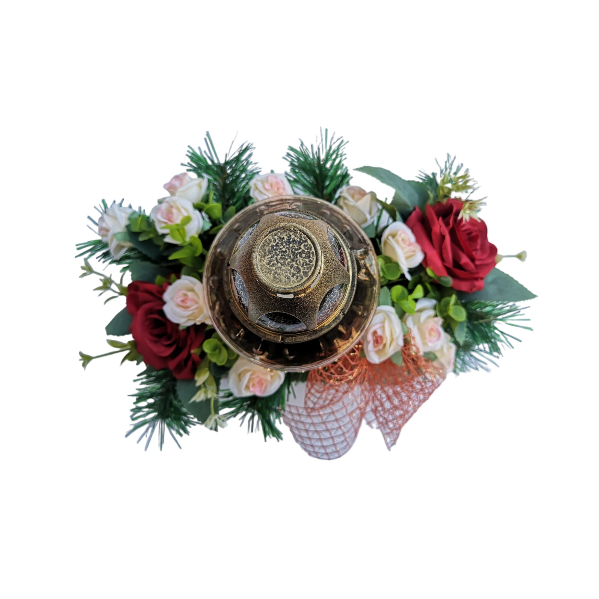 Aranjament floral funerar cu flori artificiale trandafiri si candela ...