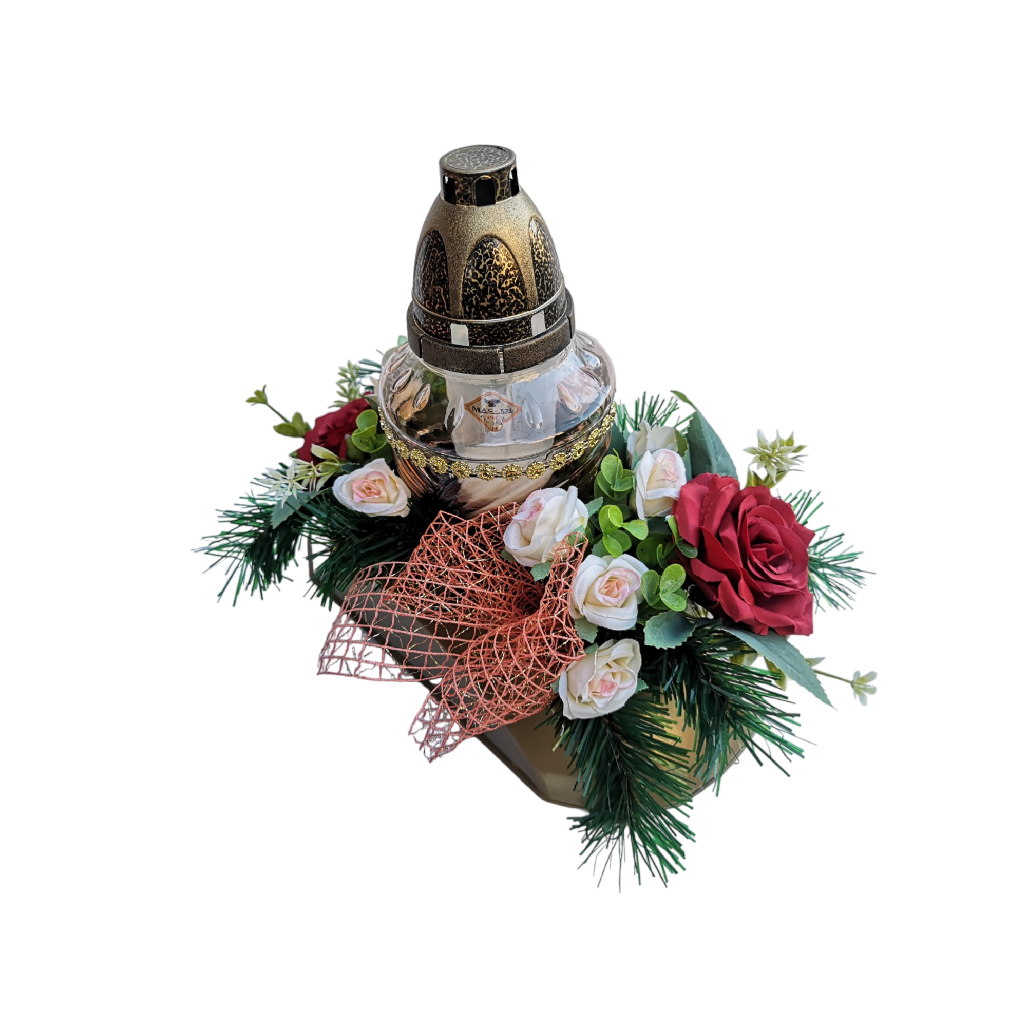 Aranjament floral funerar cu flori artificiale trandafiri si candela ...