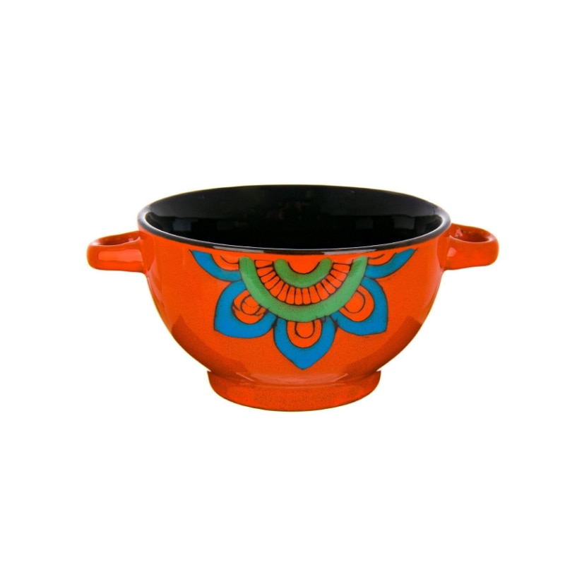 Bol pentru supa din ceramica, portocaliu cu floare colorata, 650 ml ...