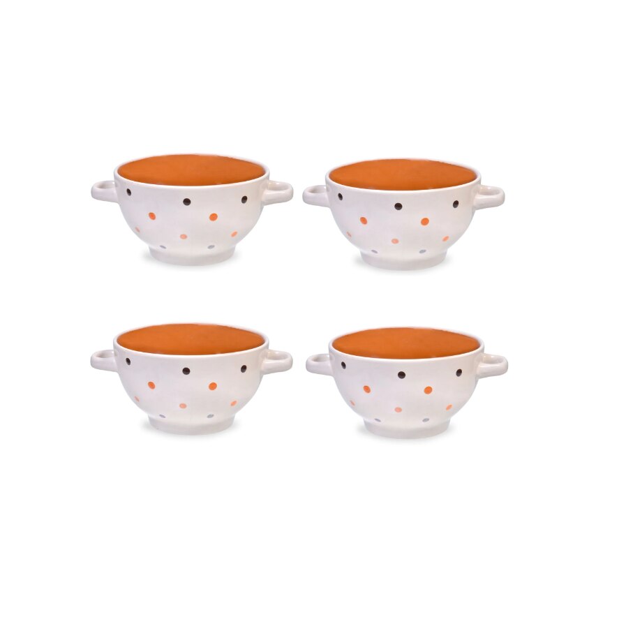 Set 4 boluri pentru supa din ceramica, alb cu buline si interior ...