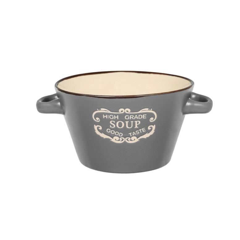 Set 4 boluri pentru supa din ceramica, gri cu mesaj si interior bej ...
