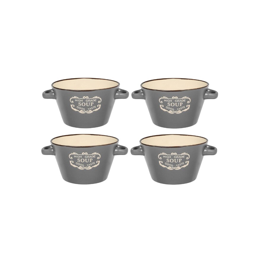 Set 4 boluri pentru supa din ceramica, gri cu mesaj si interior bej ...
