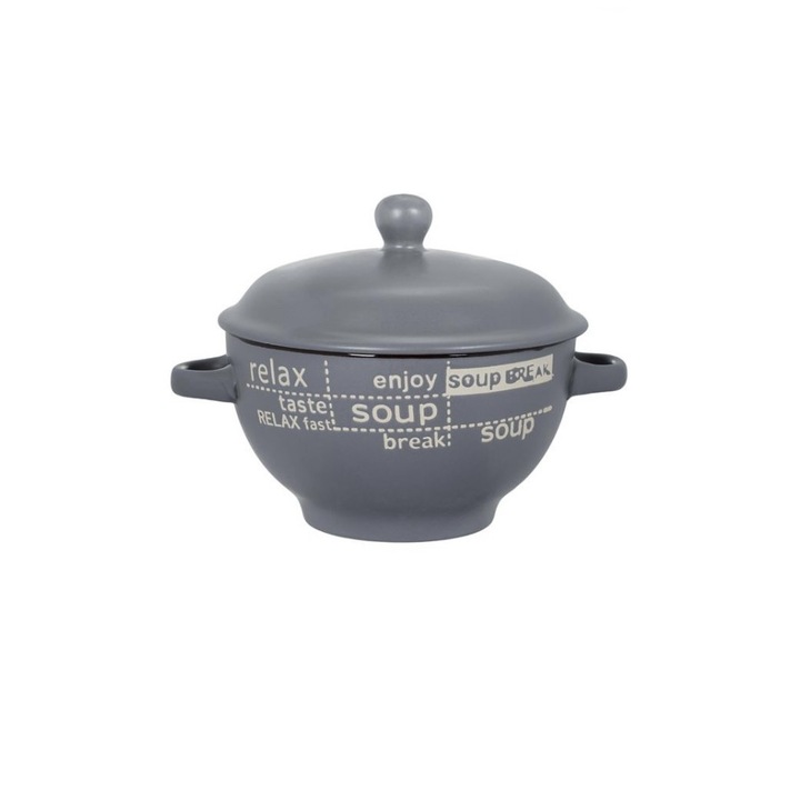 Set 4 boluri pentru supa, ceramica, gri, cu mesaj imprimat, manere si ...