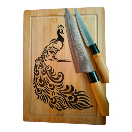 Set tocator + 2 cutite, lemn natural si inox, gravate laser, 33x25cm ...