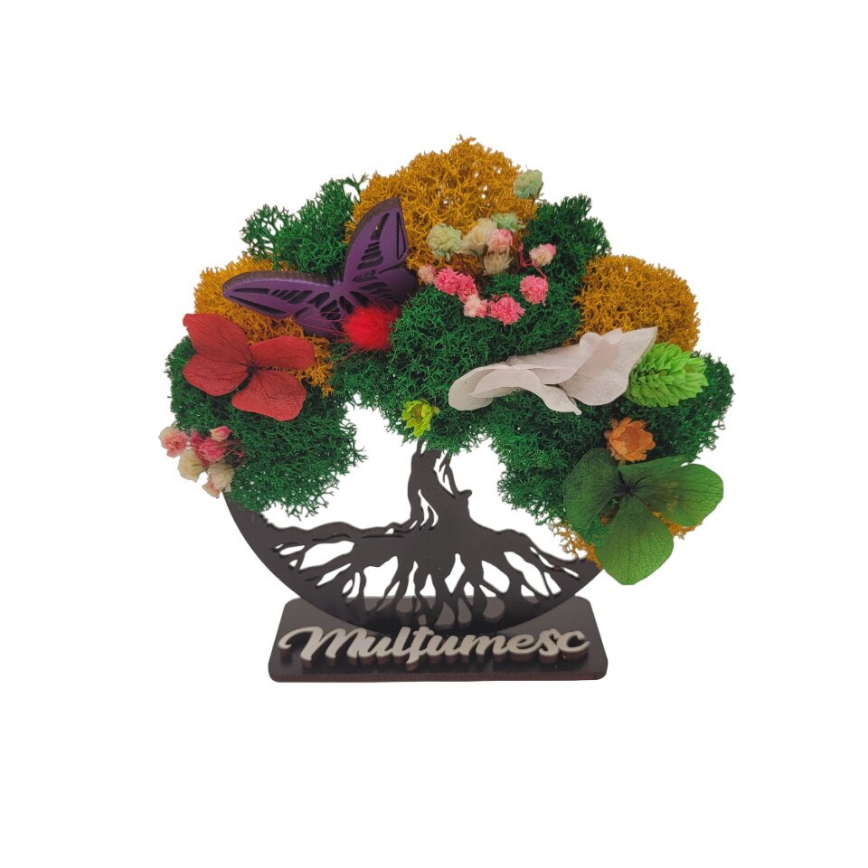 Decoratiune Copacul vietii cu licheni si flori stabilizate, cu suport ...