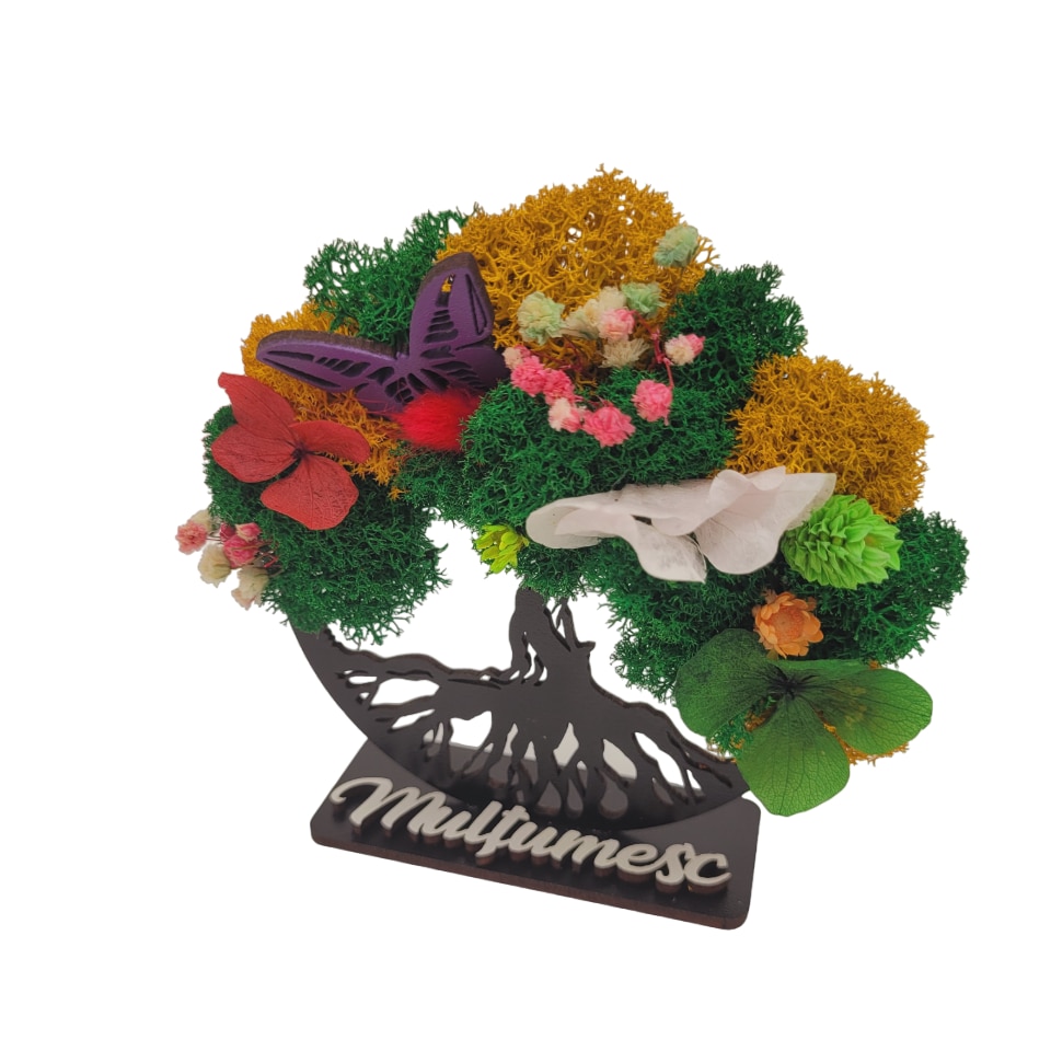 Decoratiune Copacul vietii cu licheni si flori stabilizate, cu suport ...