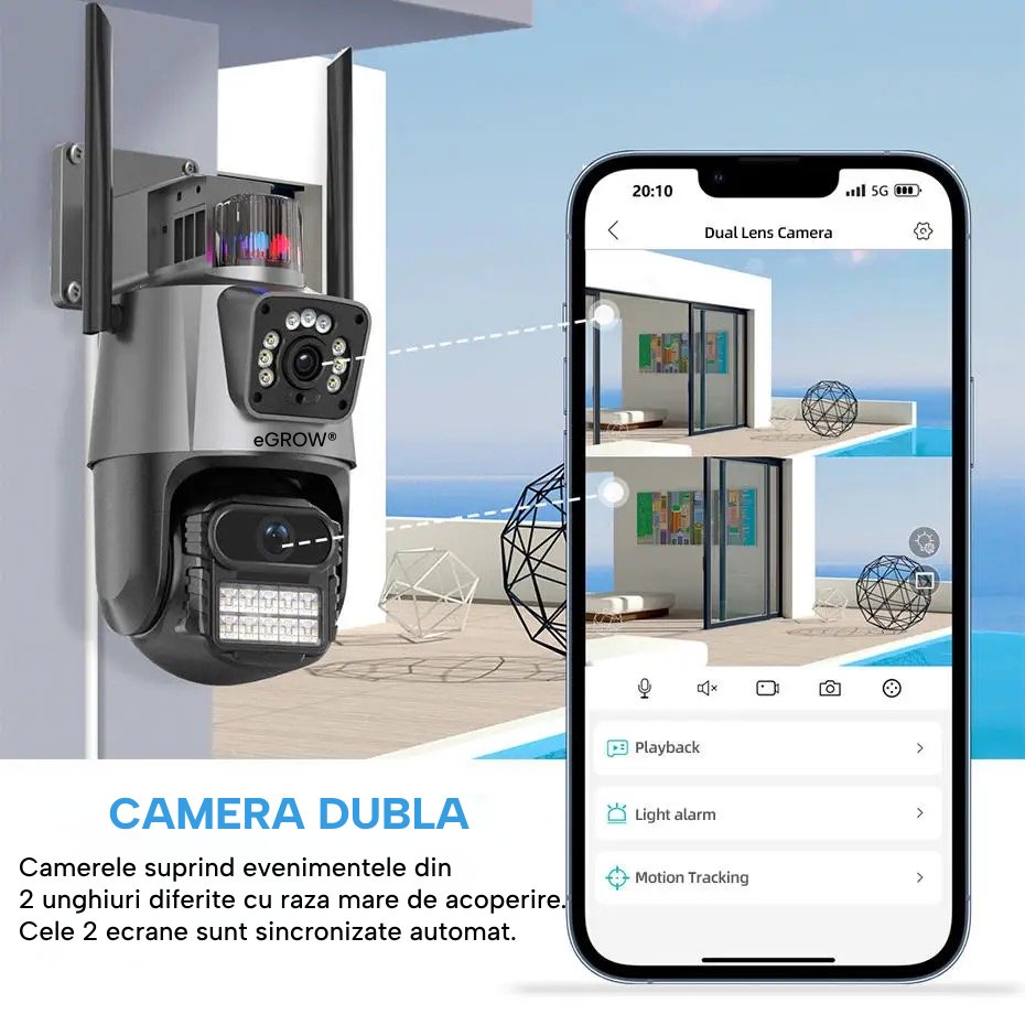 Camera de supraveghere dubla WIFI eGROW® PRO, 8MP, exterior/interior ...