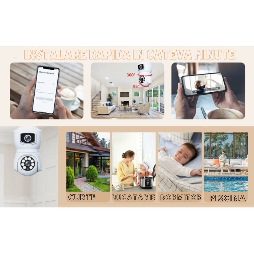 Camera PTZ WiFi FeelSell, cu lentila duala E9 Camera IP CCTV, 4 MP ...
