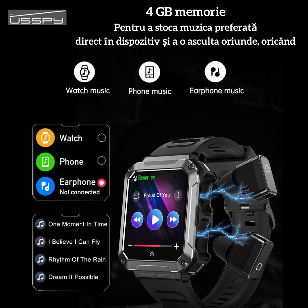 Ceas smartwatch cu casti Bluetooth incorporate, USSPY, ritm cardiac ...