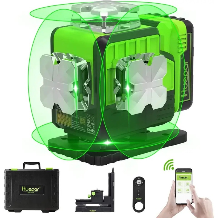 Set Nivela laser Huepar P04CG-2LI, mod PULSE, 4D, 16 linii, 4*360 ...