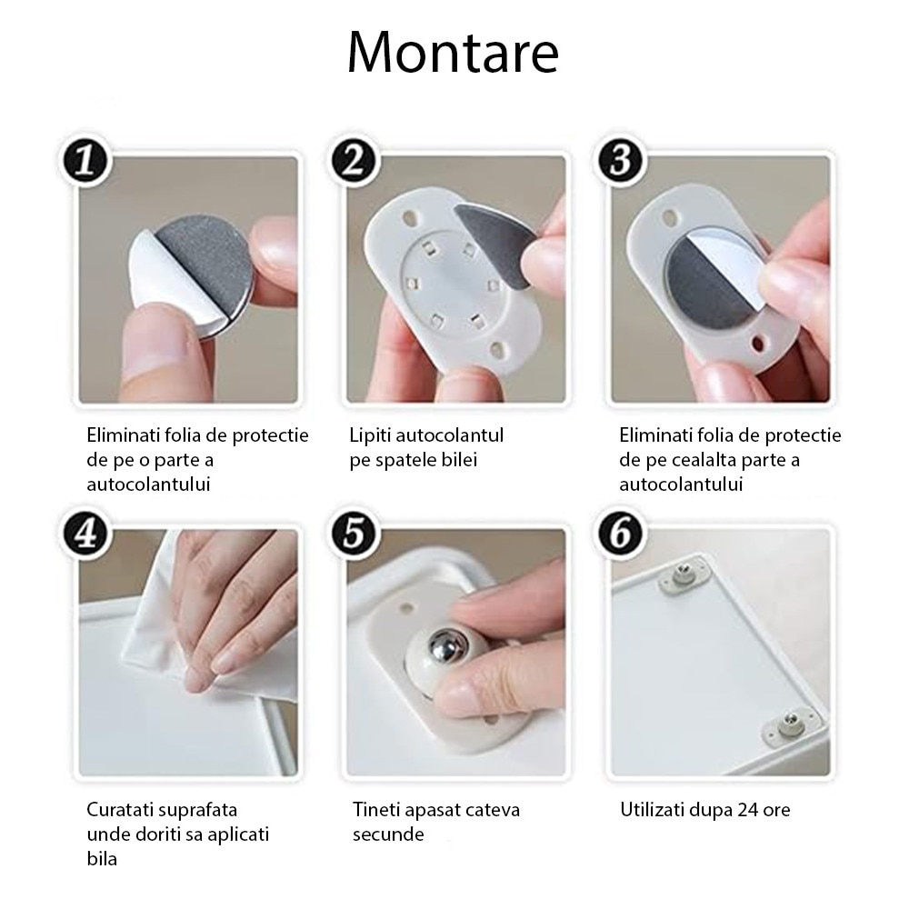 Set 4 roti autoadezive, cu rotire 360 grade, alb, 2.8 cm x 4.5 cm x 1.5 ...