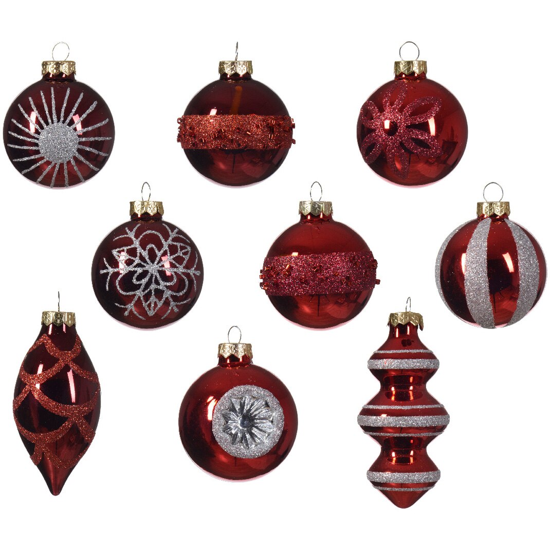 Set 9 globuri Craciun 060772, sticla, 9.5 x 6 cm, rosii - eMAG.ro
