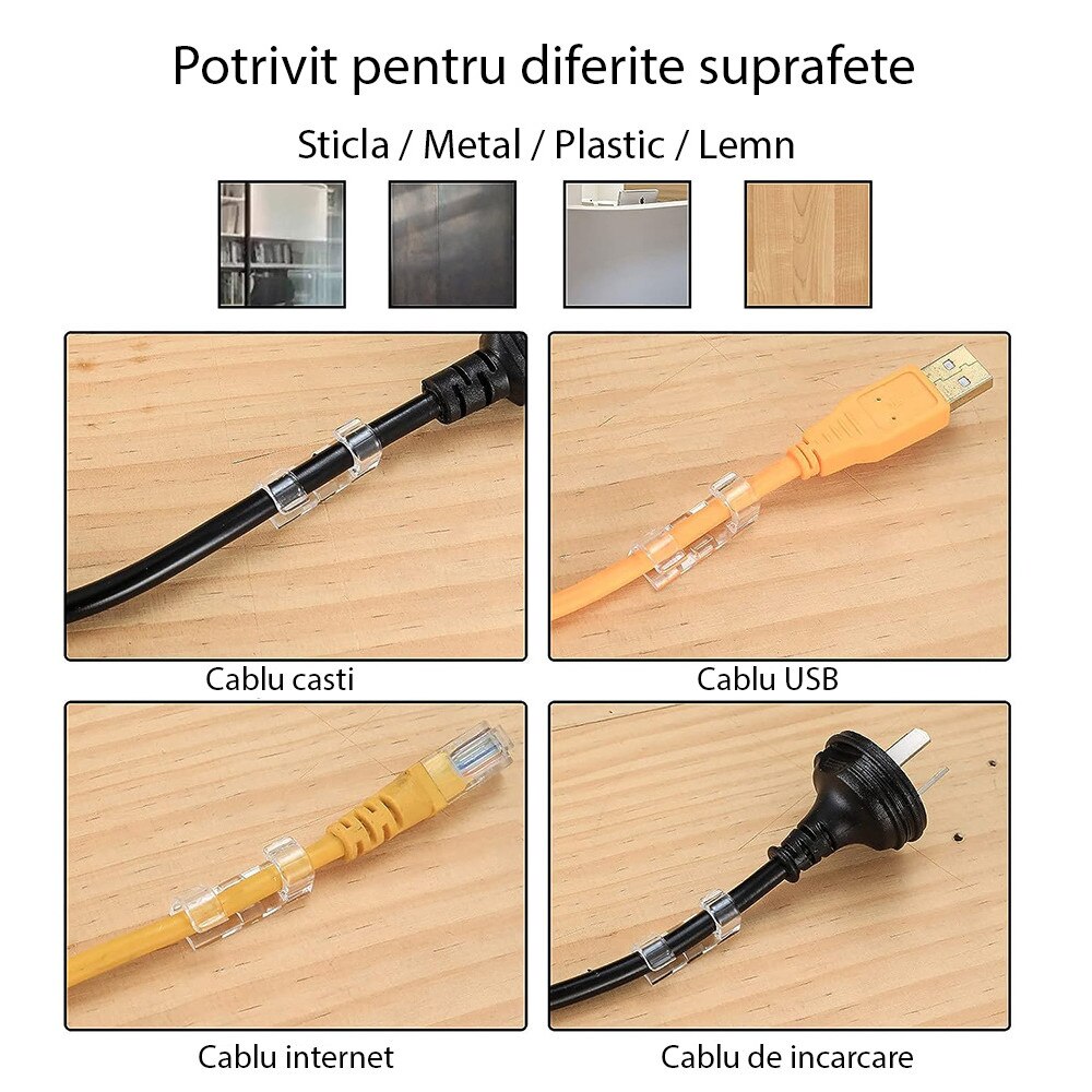Set 20 clipsuri ElastiX pentru cabluri, organizatoare transparente ...