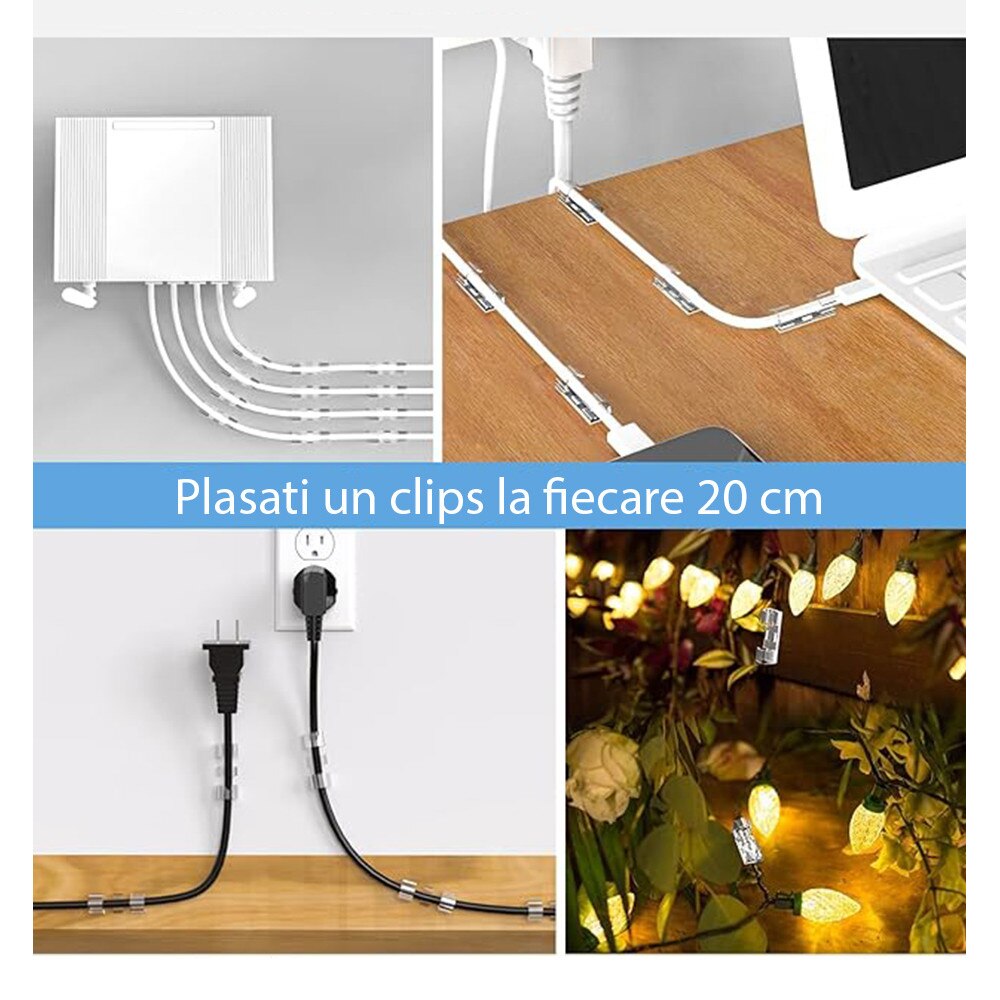 Set 20 clipsuri ElastiX pentru cabluri, organizatoare transparente ...