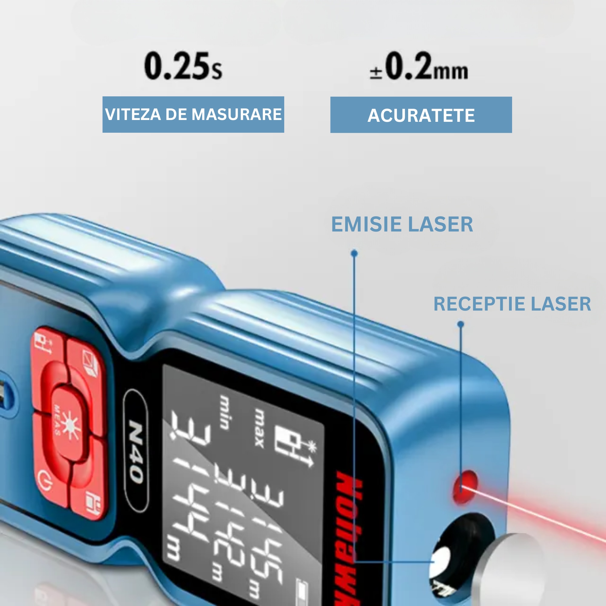 Telemetru Profesional cu Laser 100m, Ecran HD cu Valori Multiple de ...