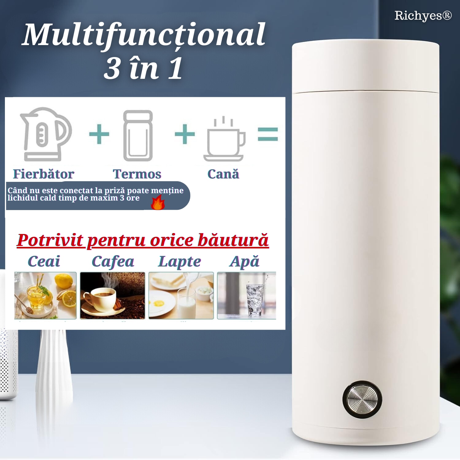 Termos electric portabil, Richyes®, functie de fierbator, 400 ml ...
