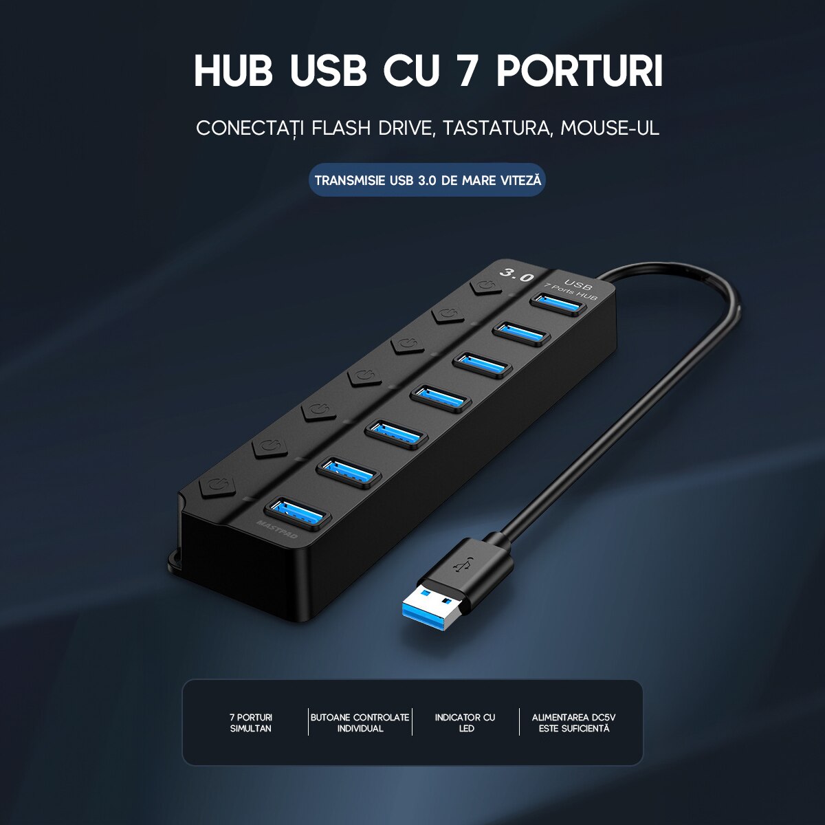 Hub USB cu 7 porturi 3.0, comutator individual, compatibilitate ...