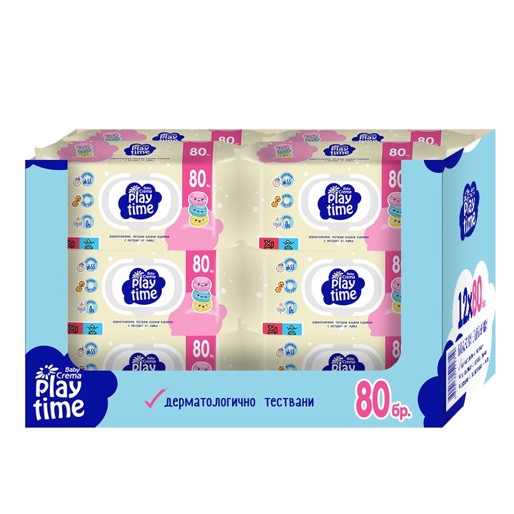 Комплект мокри кърпи Baby Crema Play Time, Син, Жълт, 12x80бр - eMAG.bg