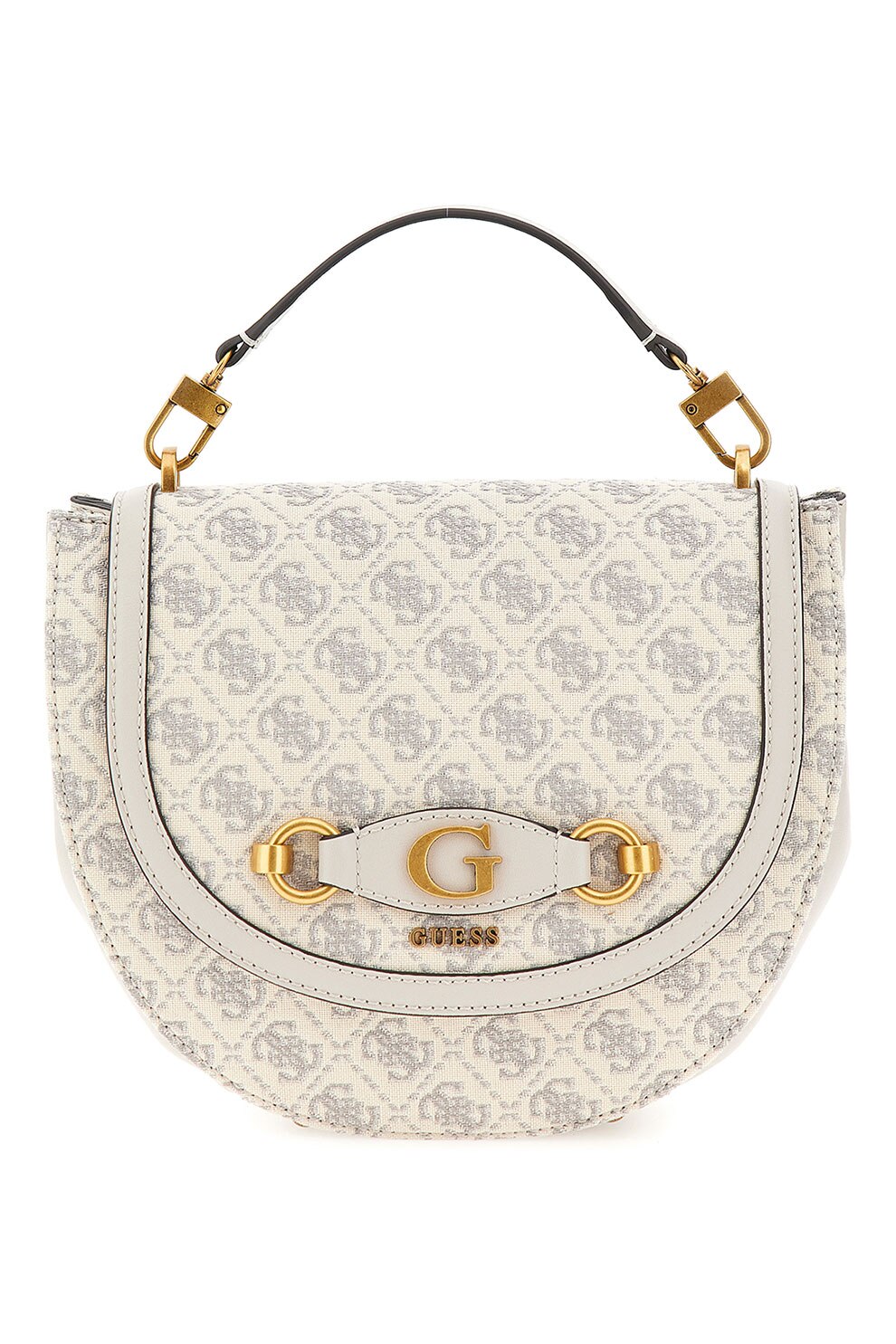 Guess, Geanta crossbody cu model monograma Izzy, Gri, Alb murdar - eMAG.ro