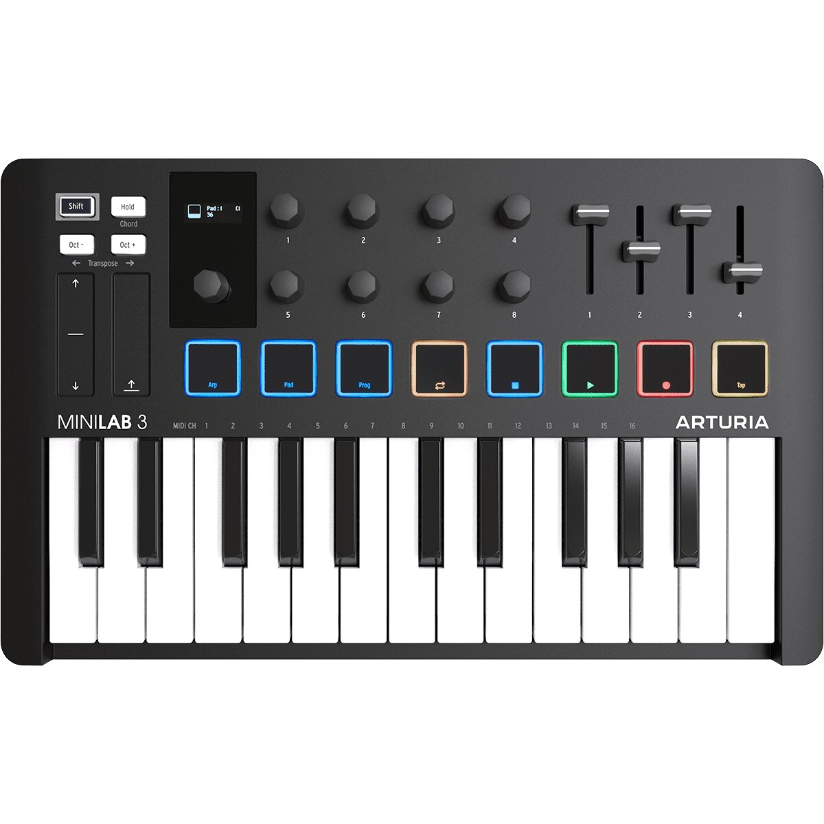 MIDI контролер, Arturia, MiniLab Mk3 Black, 25 клавиша, 8 падове с RGB ...