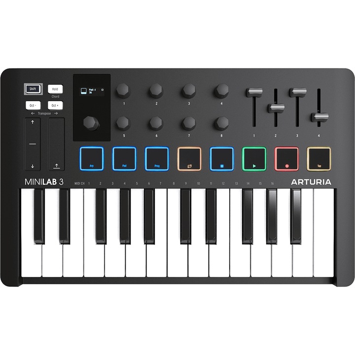 MIDI контролер, Arturia, MiniLab Mk3 Black, 25 клавиша, 8 падове с RGB ...
