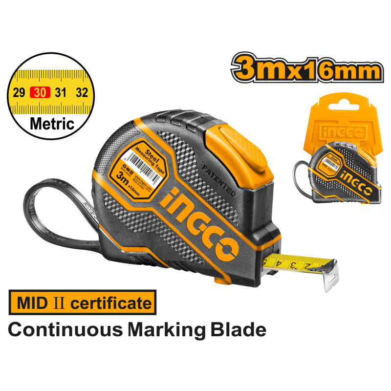 Ruleta de masurat, INGCO, retractabila cu autoblocaj, 10m cu grosime ...