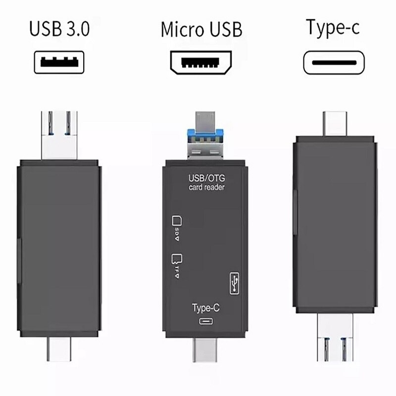 Четец на карти 5 в 1, USB 3.0, Micro USB, Type-C, Gonga® Black - eMAG.bg