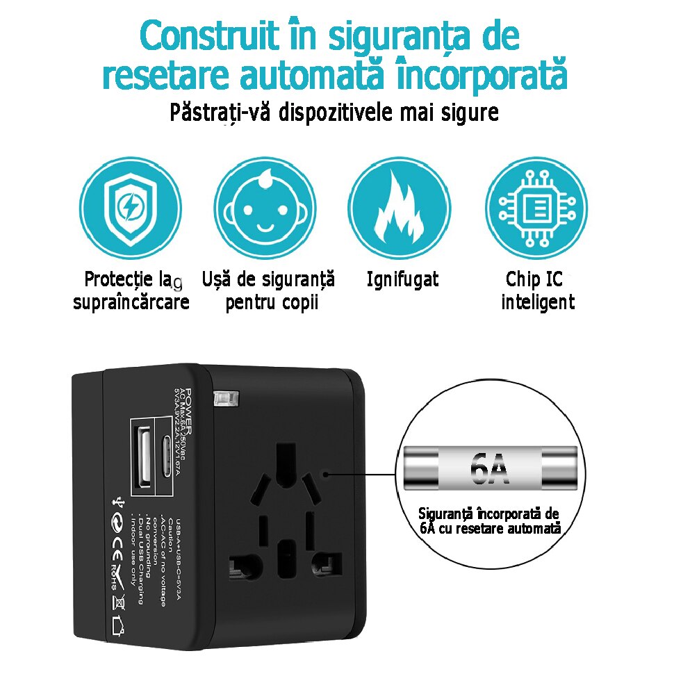 Adaptor Convertor Priza Universal de Calatorie, High Speed 6.0A 1 x USB ...
