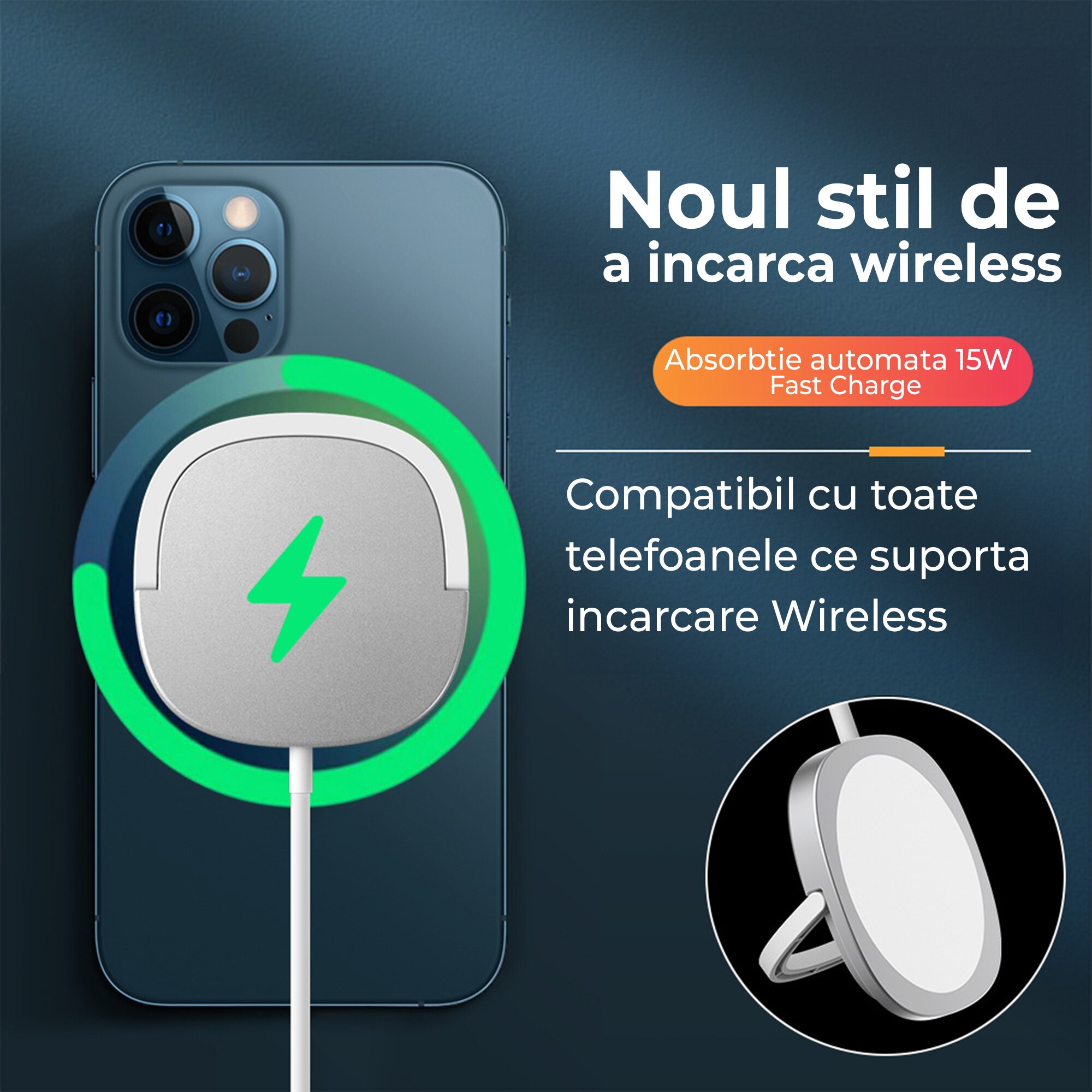 Incarcator Magnetic Wireless cu Tehnologie Magsafe, Timebox, Fast ...