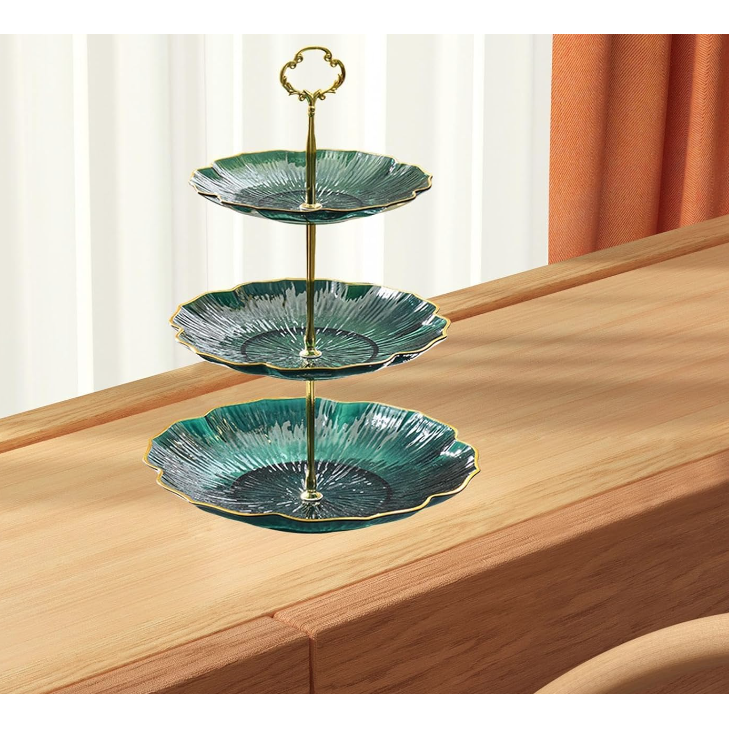 Platou Prajituri Supraetajat 3 Niveluri Verde cu margini Aurii, plastic ...