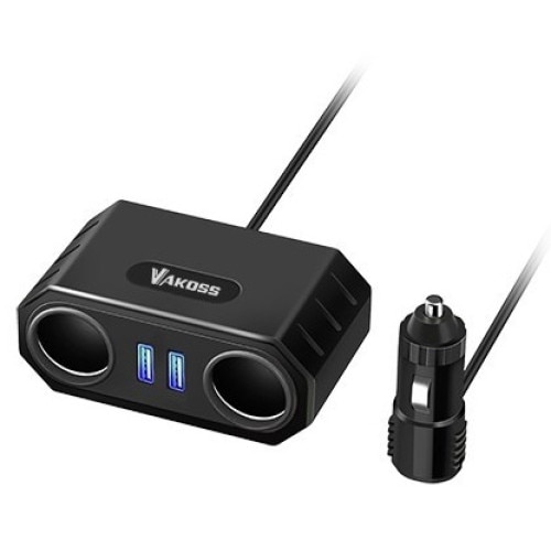 Адаптер за кола, Vakoss, 2 гнезда за запалка + 2 USB, кабел 70 см ...