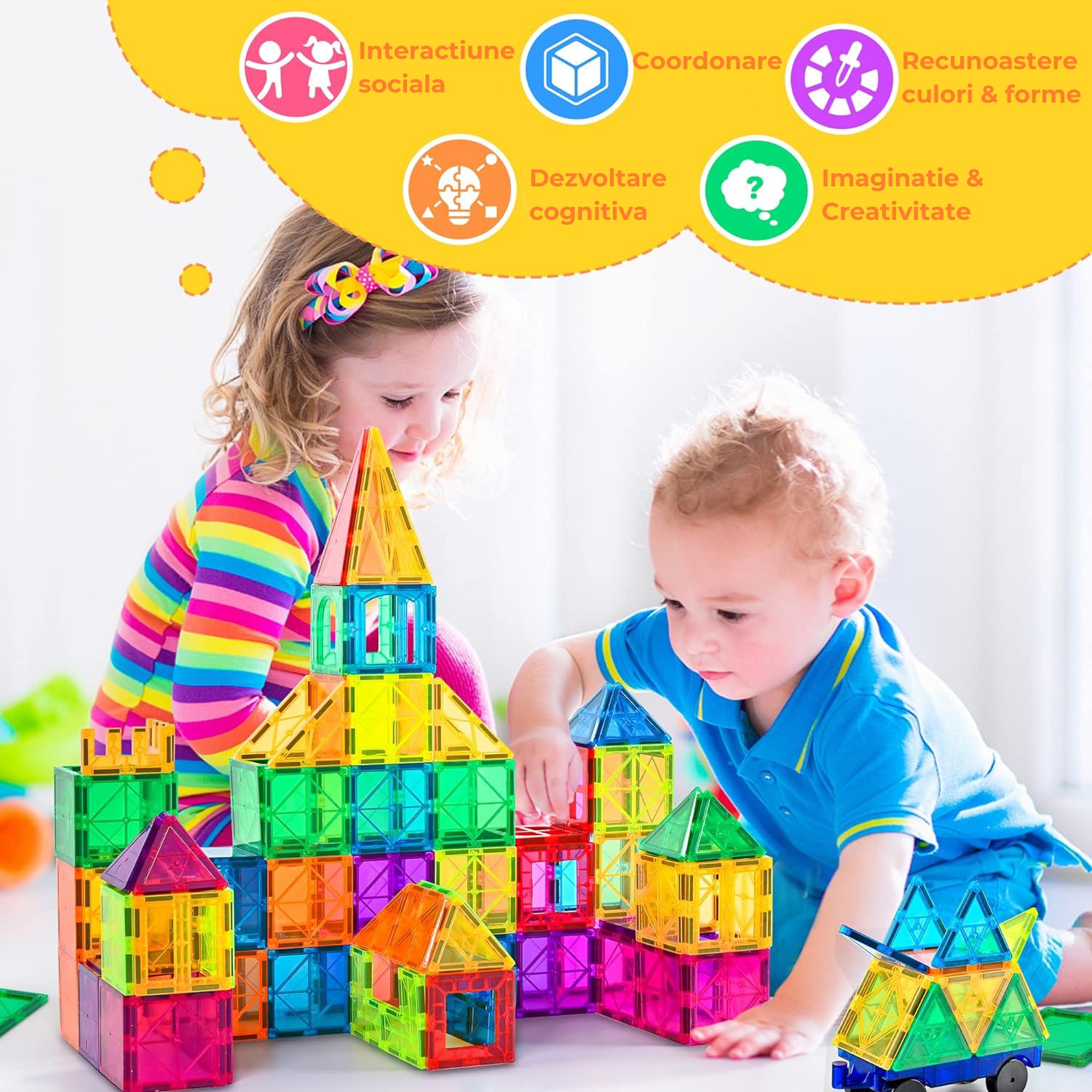 Set de constructie cu placi magnetice, Novotoys, 120 piese, 7,5cm, 2 ...