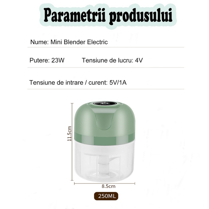 Mini Tocator Electric, Portabil, 250 ml, Incarcare USB, 3 Lame din Inox ...