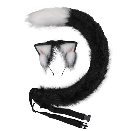 Set coada si urechi pisica pentru costum, QttvbTna, 80 cm, Negru/Alb ...
