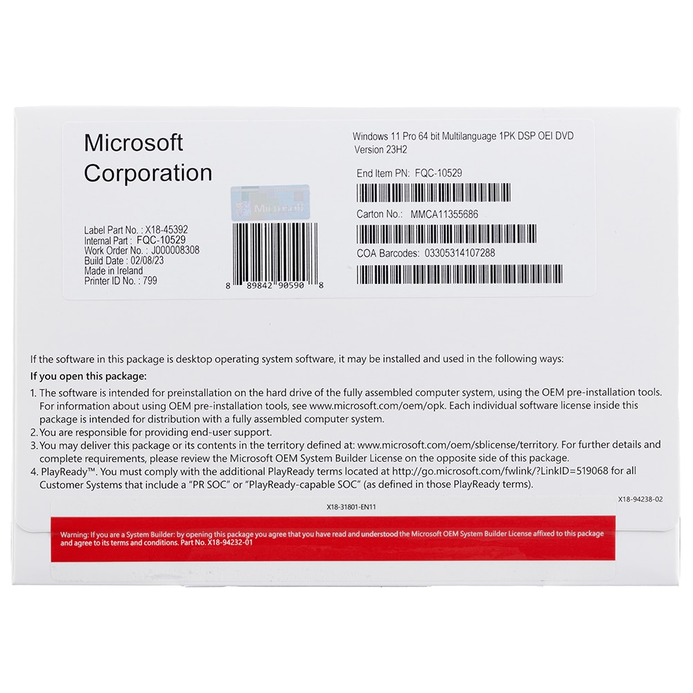 Microsoft Windows 11 Pro, 64 bit, English, 1PK, DSP OEI DVD, version ...
