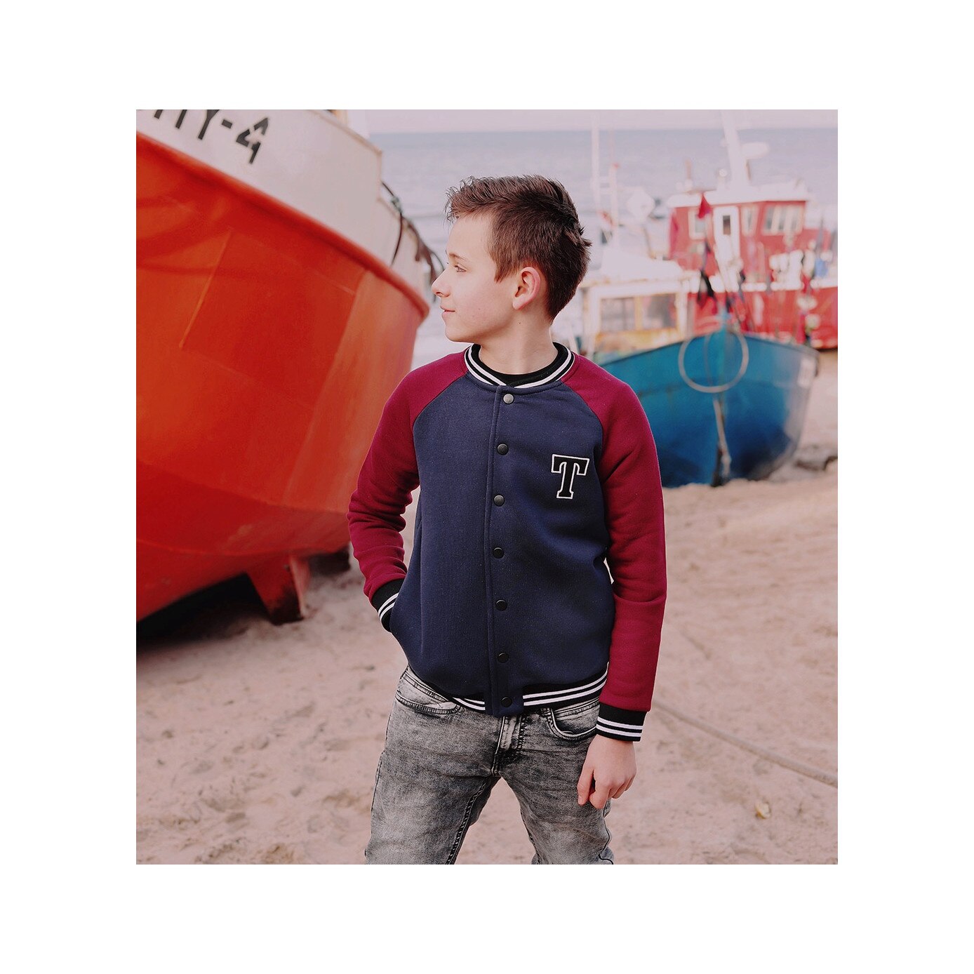 Geaca bomber pentru copii, TuSzyte, din bumbac, bleumarin/visiniu, 92/ ...
