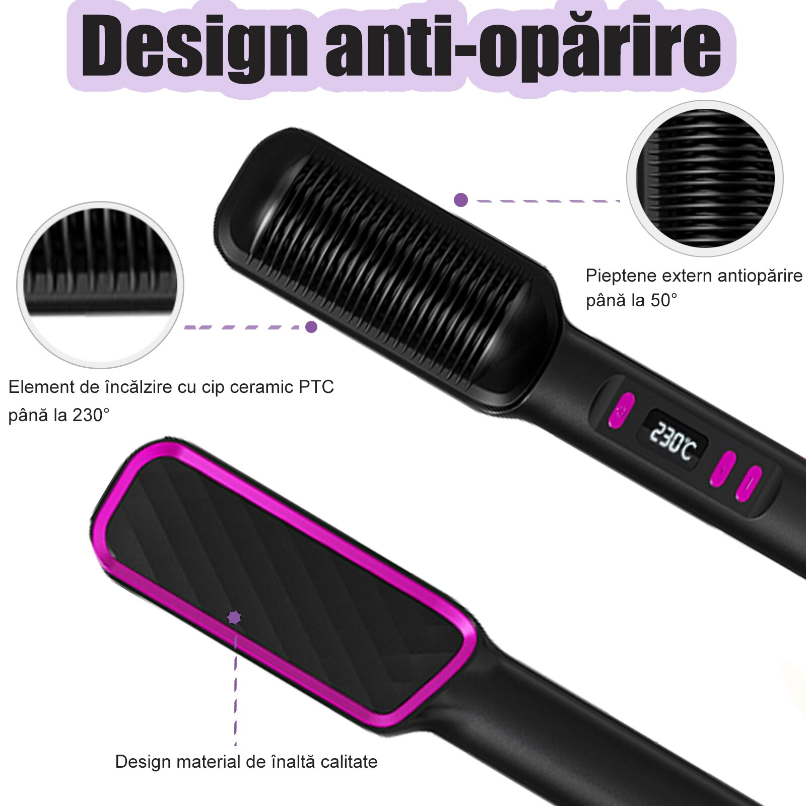 Perie pentru indreptat parul, Ceramica, Pprire automata, Negru/Roz ...