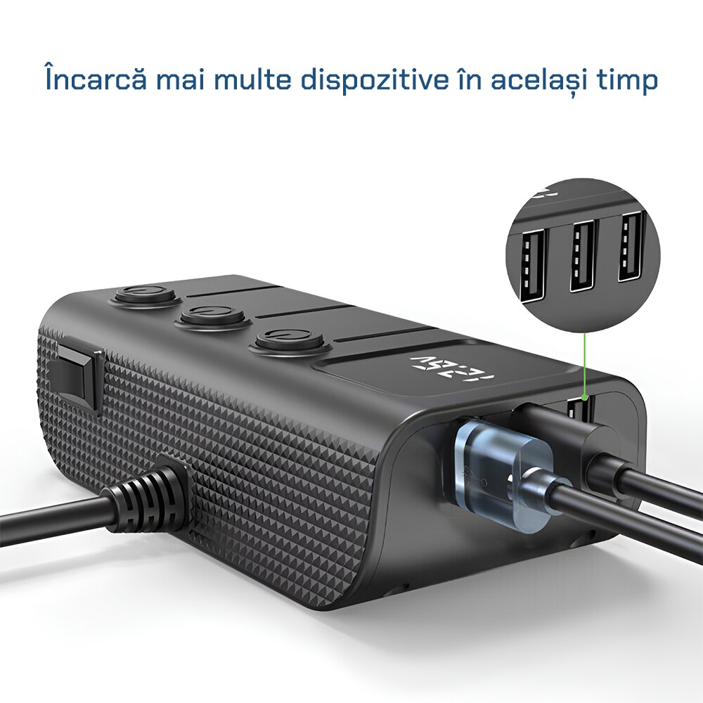 Set adaptor priza auto multisocket 120W, 3x soclu auto, 3x port USB ...